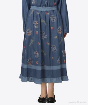 ライトオンスデニム ローズスケッチ刺繍スカート（裏地無し