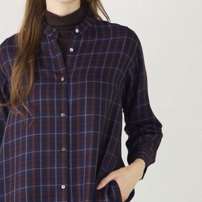 洗える】タータンチェックバンドカラーロングブラウス