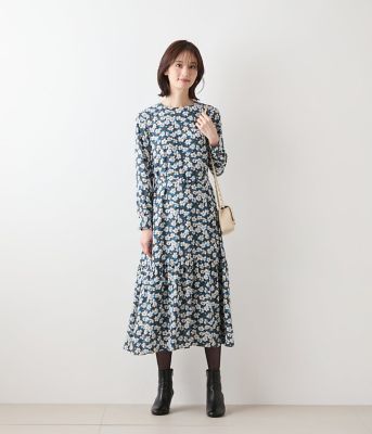 ウォッシャブル】ビオラフラワープリント ティアードギャザーロング