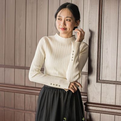 新色追加】袖ボタンランダムリブニット≪手洗い可能≫ | Droite