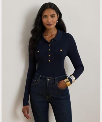 リブニット ロングスリーブ ポロ セーター