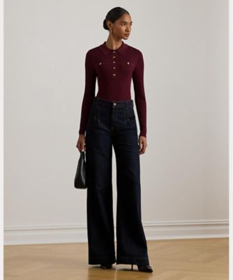 リブニット ロングスリーブ ポロ セーター